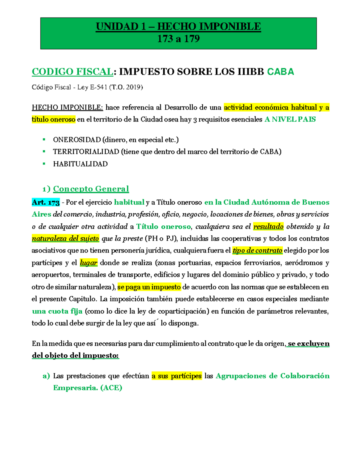 Unidad 1 - Hecho Imponible - CODIGO FISCAL: IMPUESTO SOBRE LOS IIIBB CABA Código Fiscal - Ley E ...