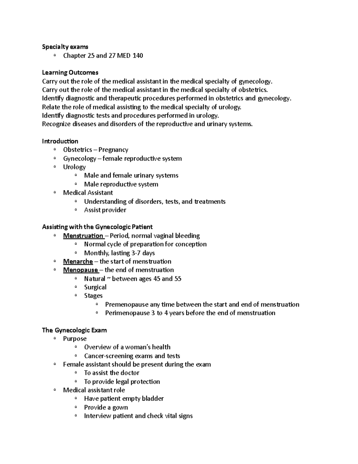 Unit 2 Specialty exams - Specialty exams Chapter 25 and 27 MED 140 ...