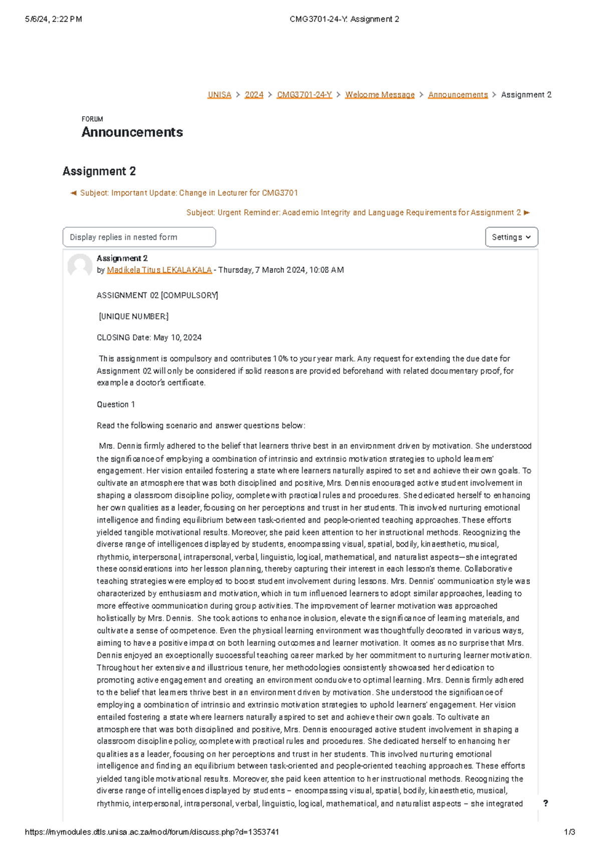 CMG3701-24-Y Assignment 2 - UNISA 2024 CMG3701-24-Y Welcome Message ...
