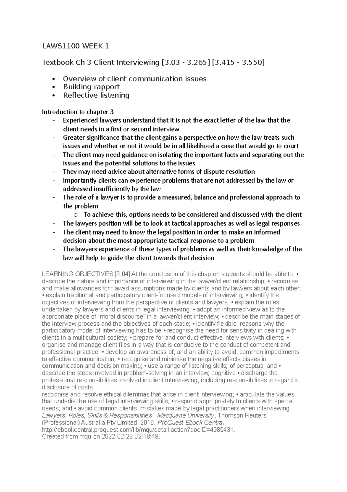 LAWS1100 WEEK 1 CH3 - ddddd - LAWS1100 WEEK 1 Textbook Ch 3 Client Interviewing [3 - 3] [3 - 3 ...