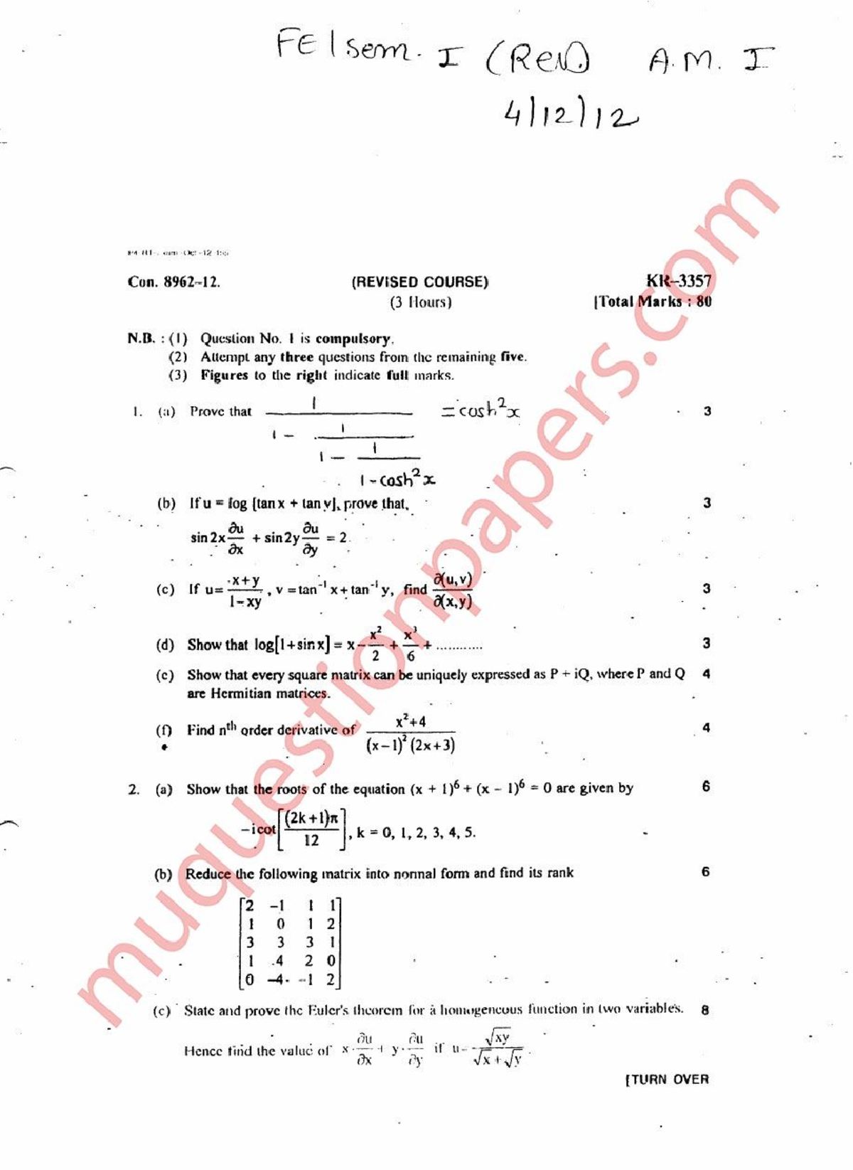 FE SEM1 M1 DEC12 - que - Applied Mathematics‐I - Studocu