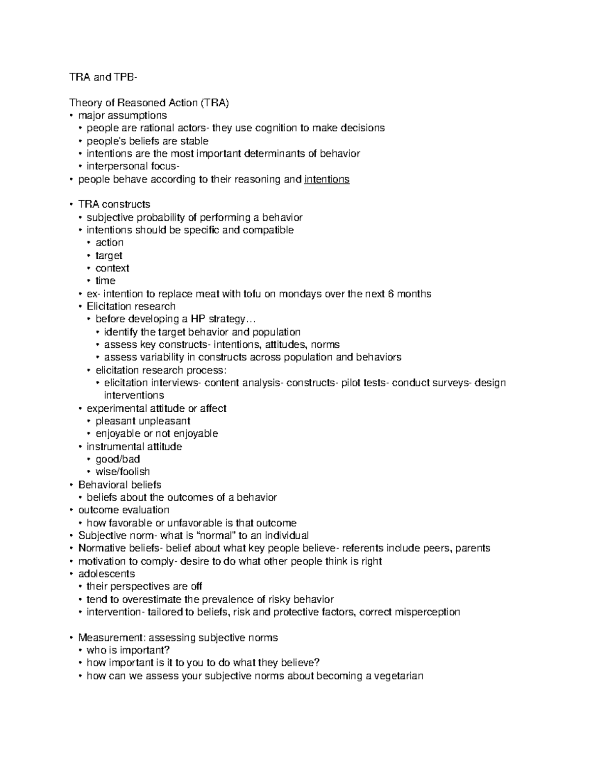 HP 300 Lecture notes - TRA and TPB- Theory of Reasoned Action (TRA ...