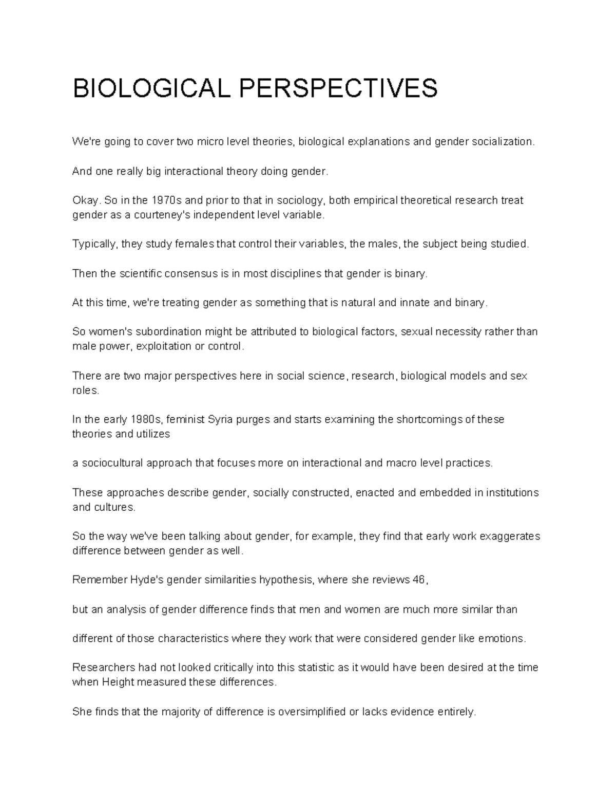 Biological Perspectives - BIOLOGICAL PERSPECTIVES We're going to cover ...