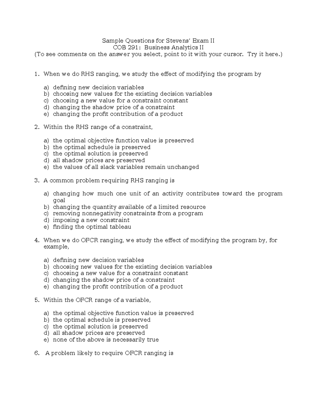 Additional Sample EXAM II ( Revised) - Sample Questions for Stevens ...