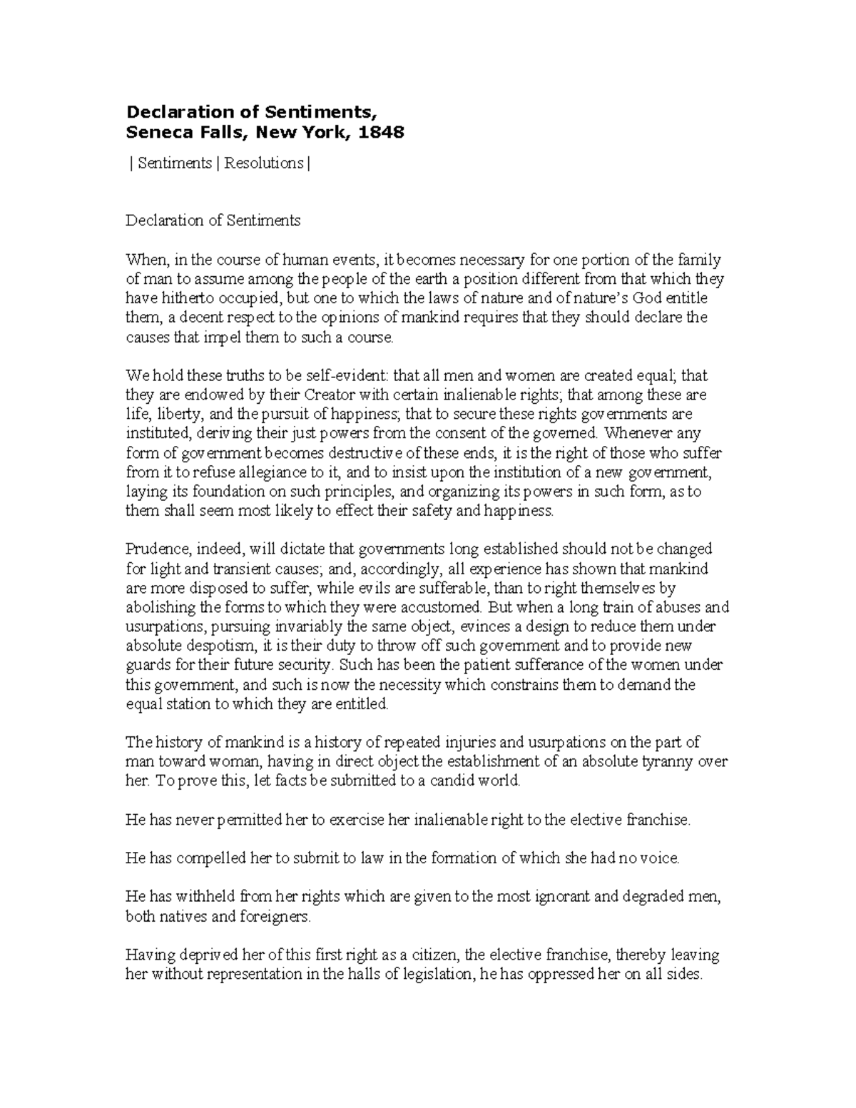 Women's Declaration and Sentiments - Declaration of Sentiments, Seneca ...