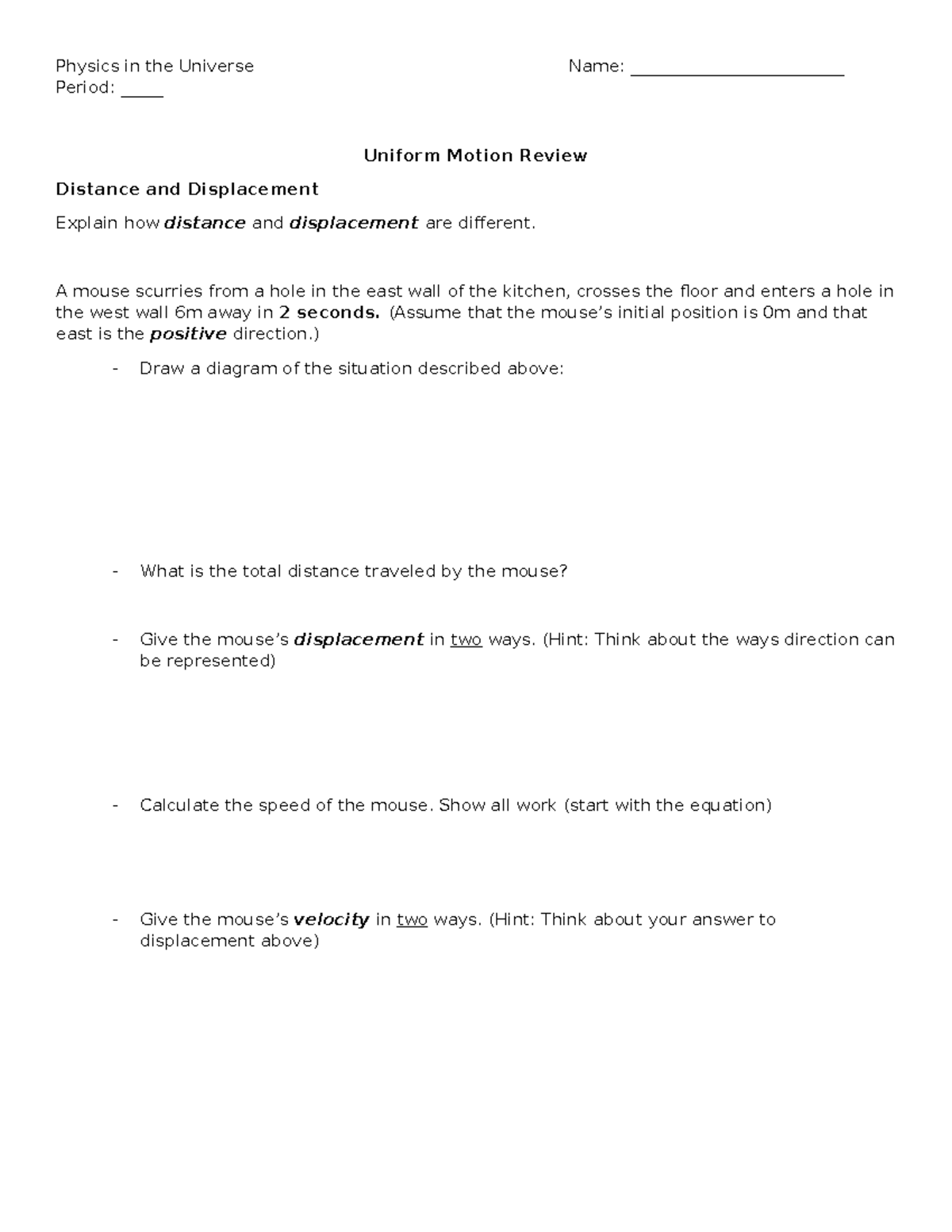 Uniform Motion Review - Physics in the Universe Name ...