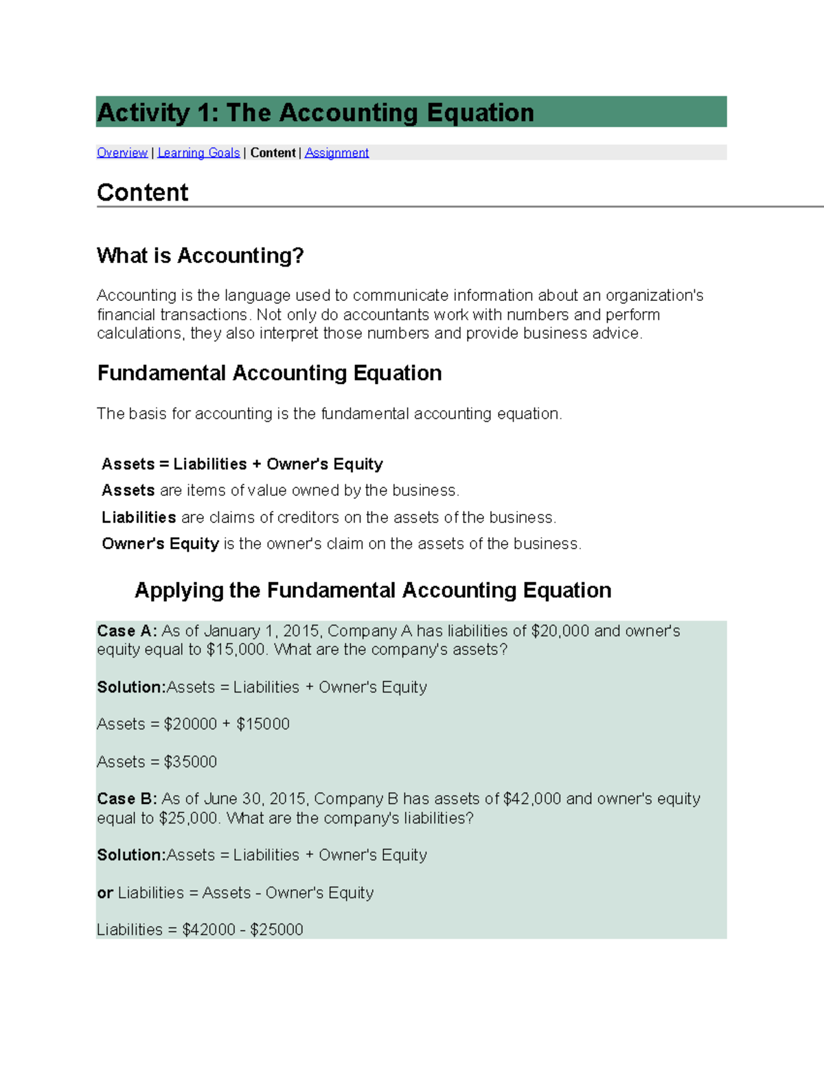 Accounting Equation Review - Activity 1: The Accounting Equation ...