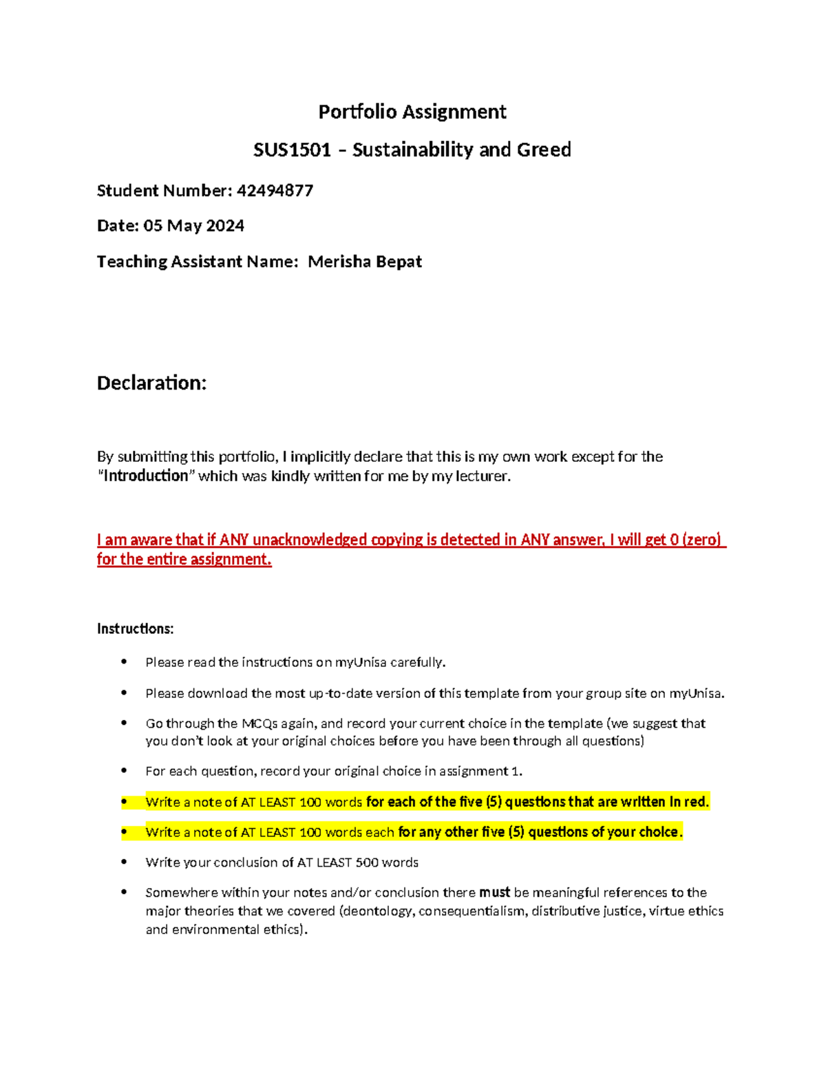 Assessment 8 - Portfolio Assignment SUS1501 – Sustainability and Greed ...