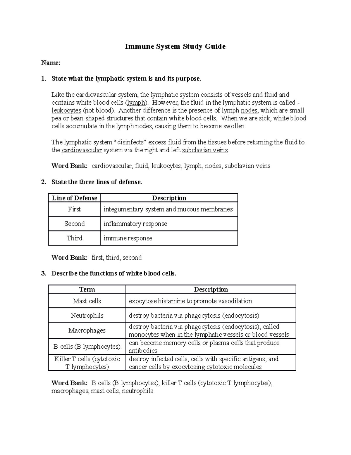 Immune System Study Guide - Immune System Study Guide Name: State what ...