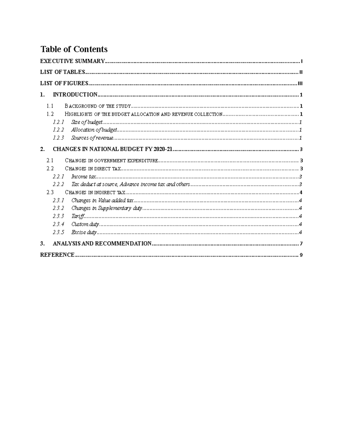 National Budget - Table of Contents EXECUTIVE - Studocu