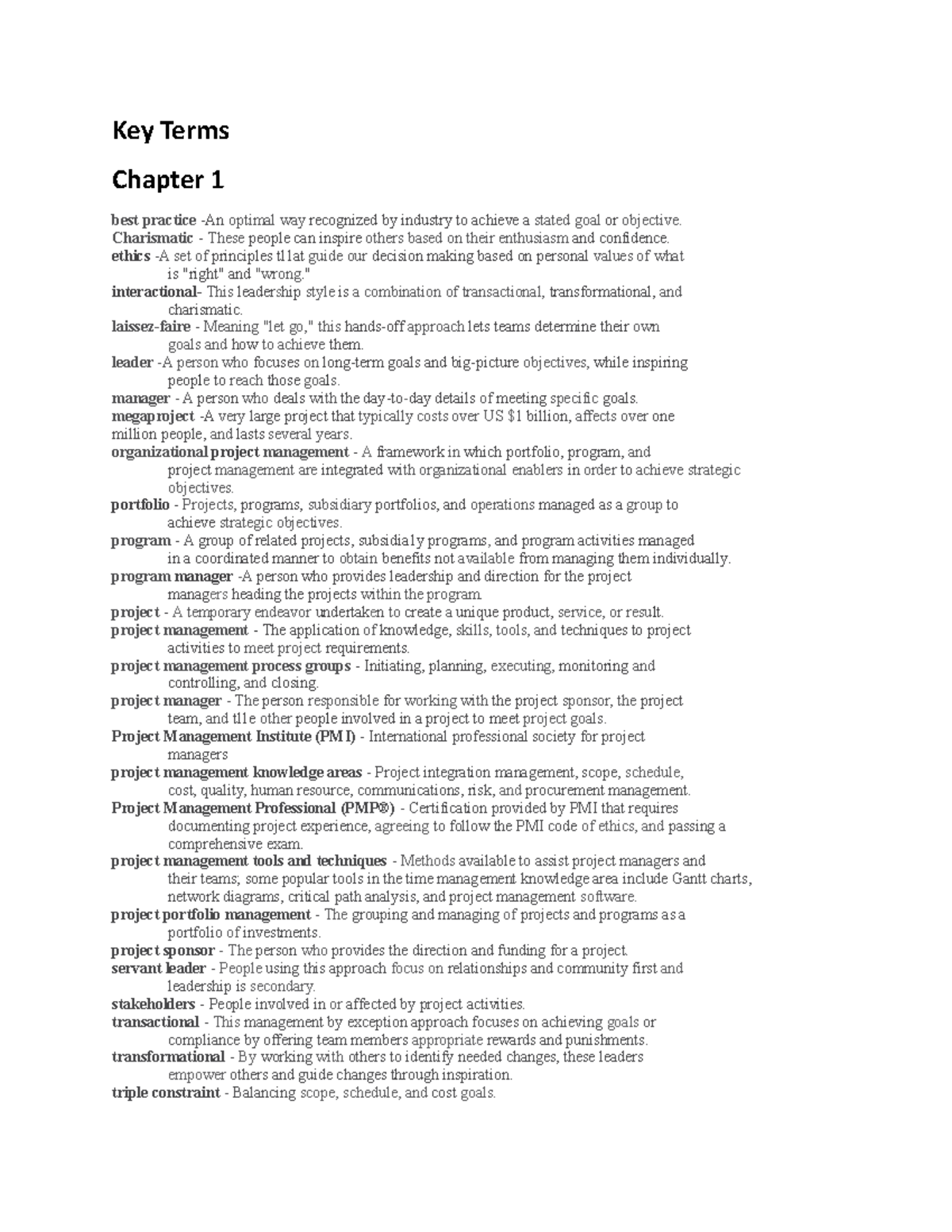 Key Terms - Key Terms Chapter 1 best practice -An optimal way ...