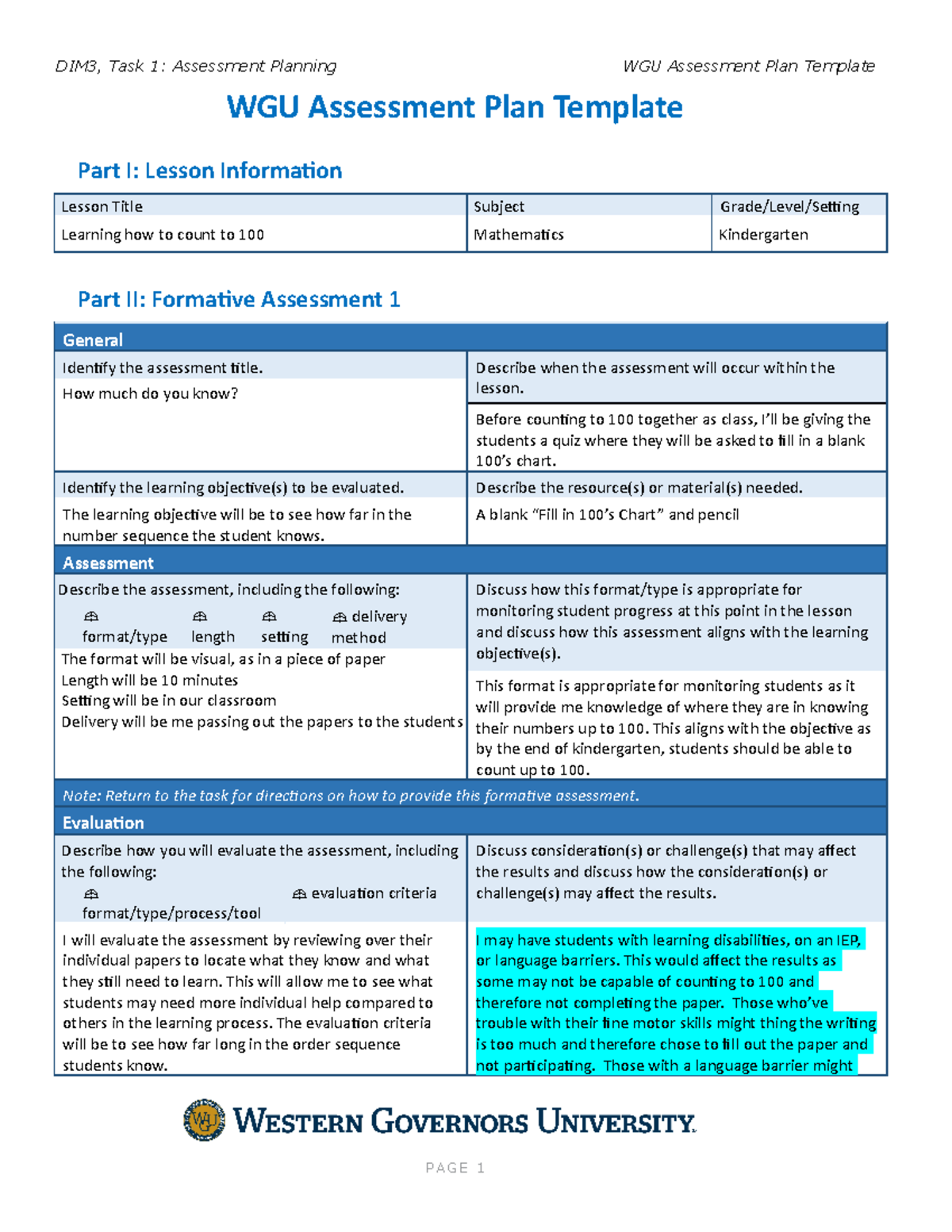 Assessment Plan - Passed first try - WGU Assessment Plan Template Part ...