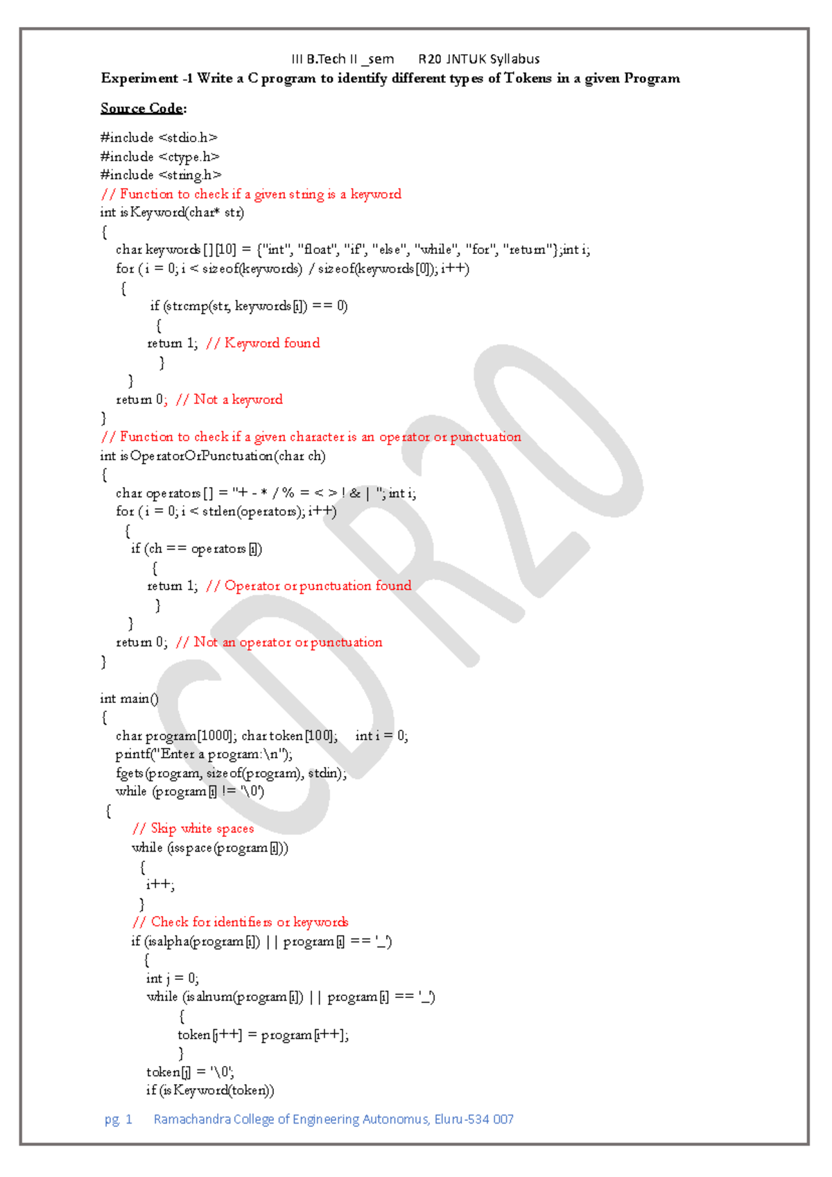 CD Lab1 to 14 complete - Experiment - 1 Write a C program to identify different types of Tokens ...