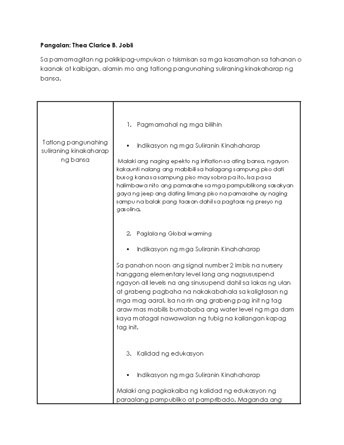 Data Capturing Sheet - Pangalan: Thea Clarice B. Jobli Sa pamamagitan ...