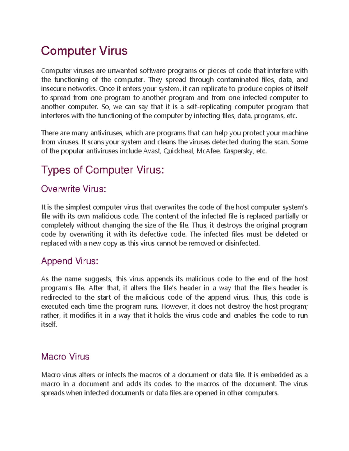 Computer Virus - Computer Virus Computer viruses are unwanted software ...