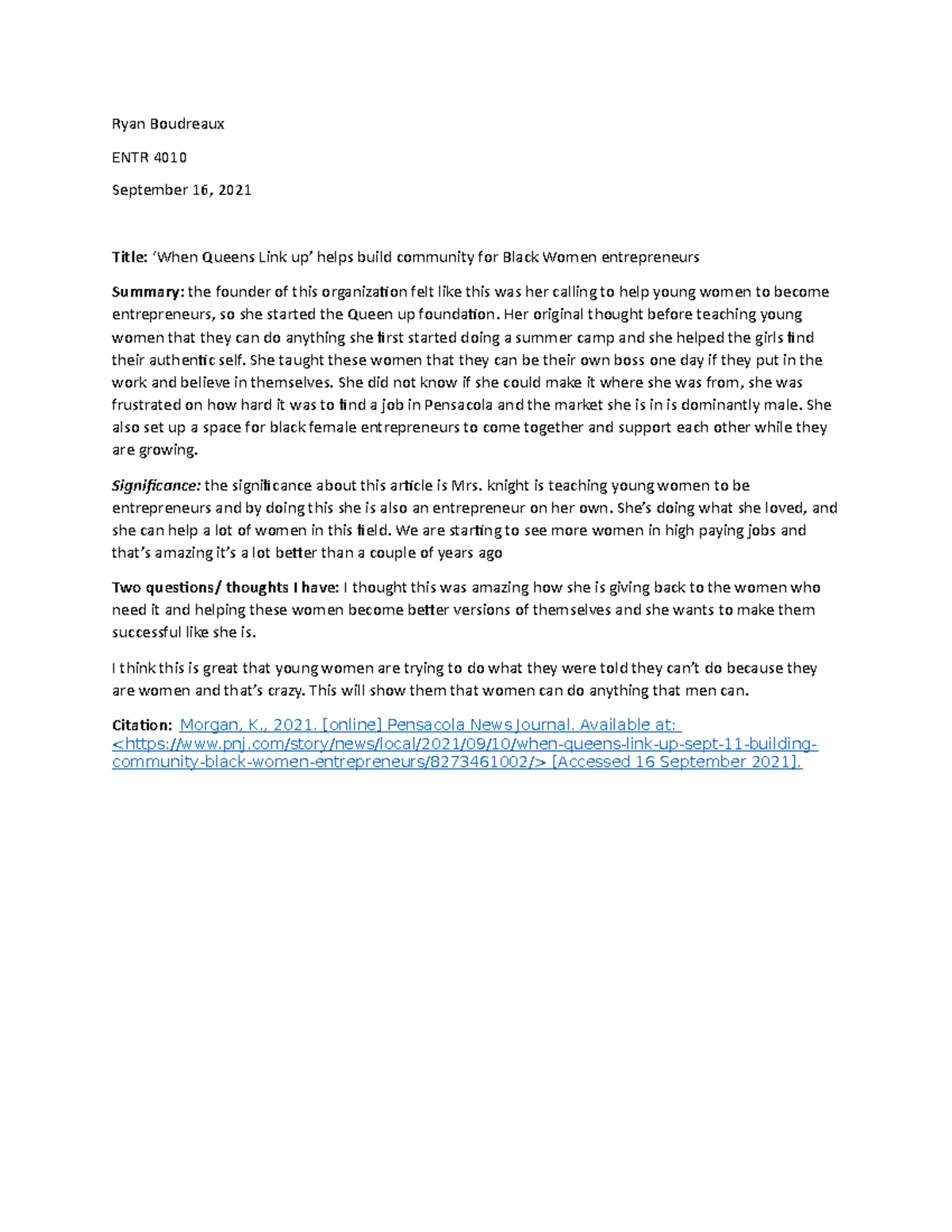 ENTR 4010 Journal #2 - Ryan Boudreaux ENTR 4010 September 16, 2021 ...