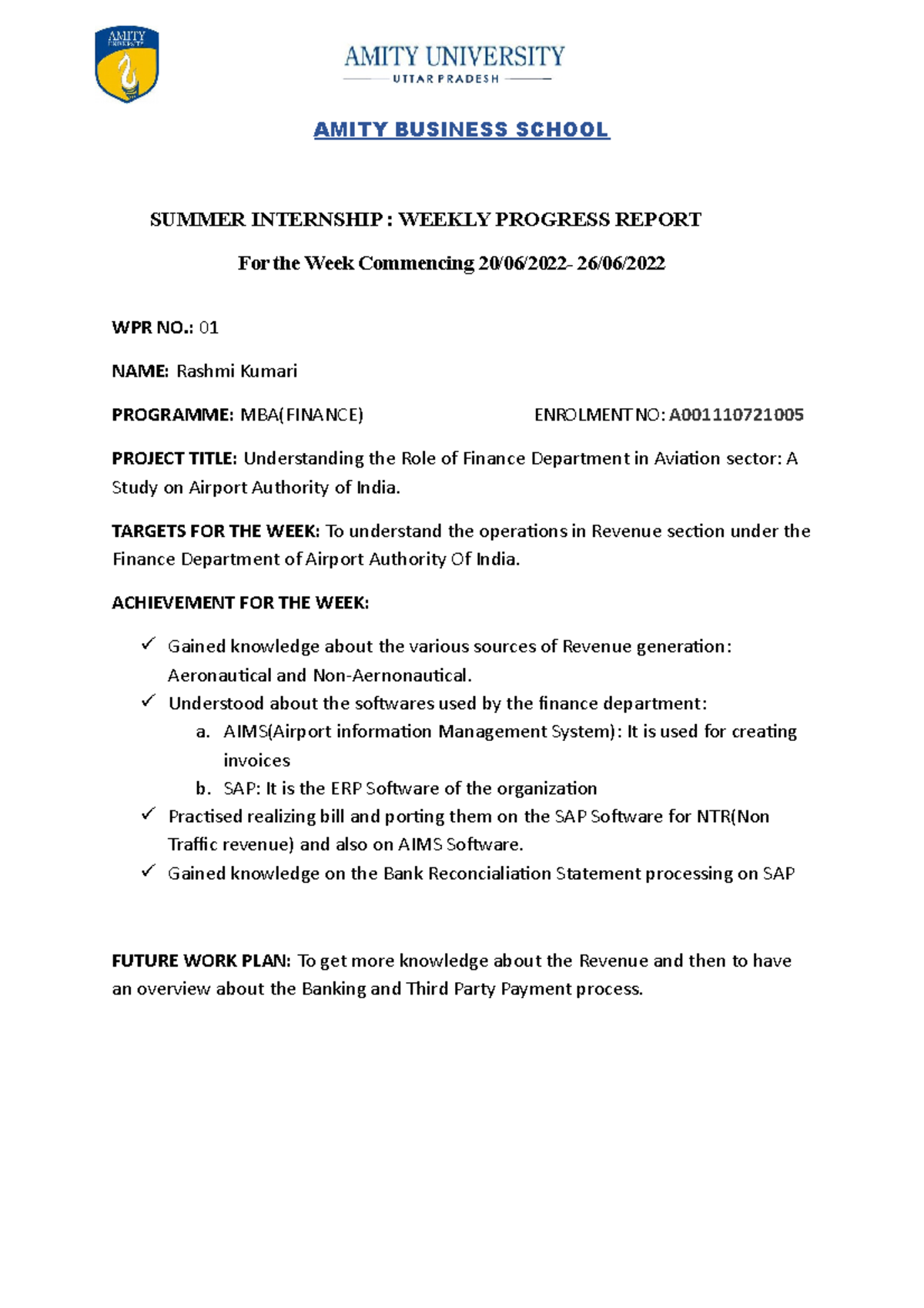 WPR 1 Final Rashmi - FILE - AMITY BUSINESS SCHOOL SUMMER INTERNSHIP ...