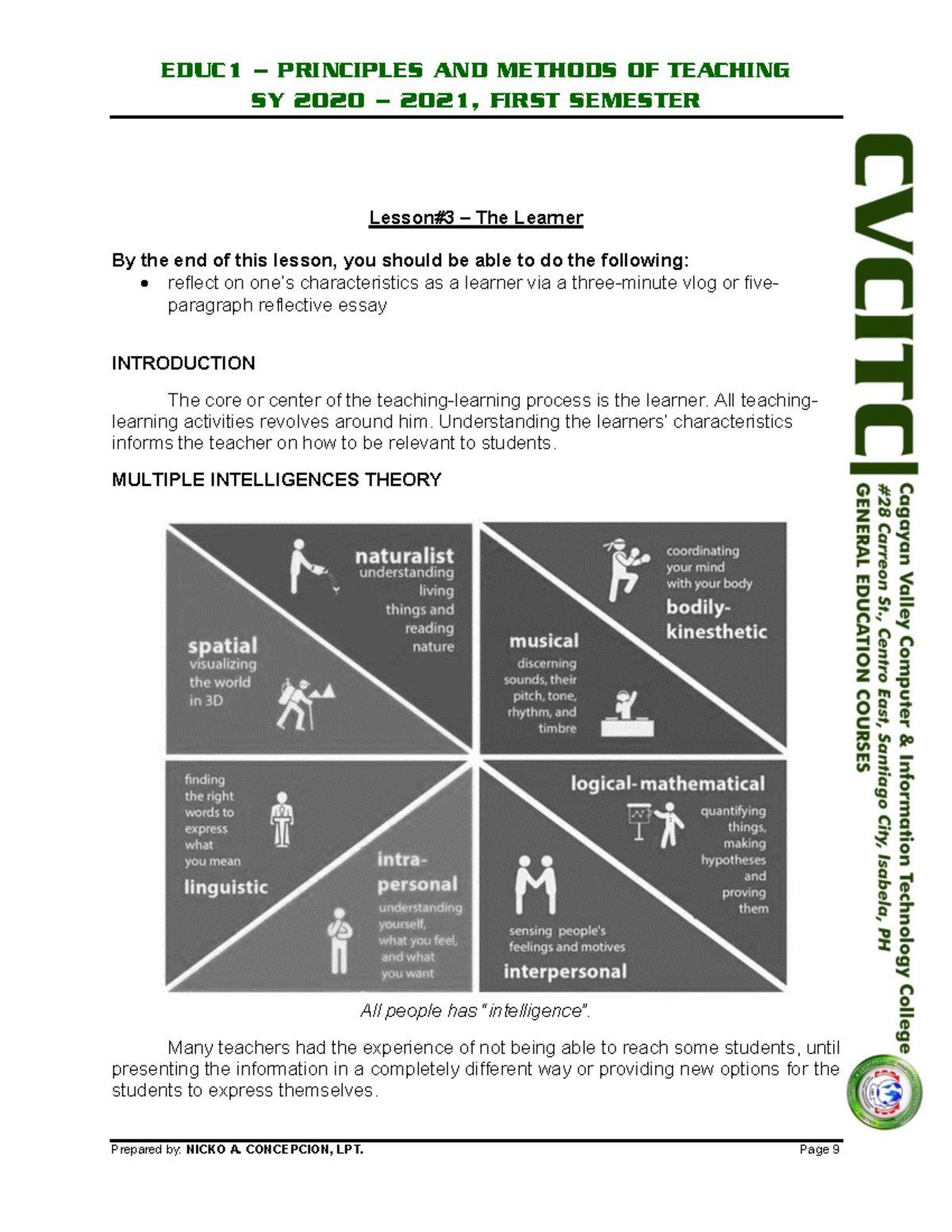 Lesson 3 The Learner - Educ101 - SY 2020 – 2021, FIRST SEMESTER Try ...