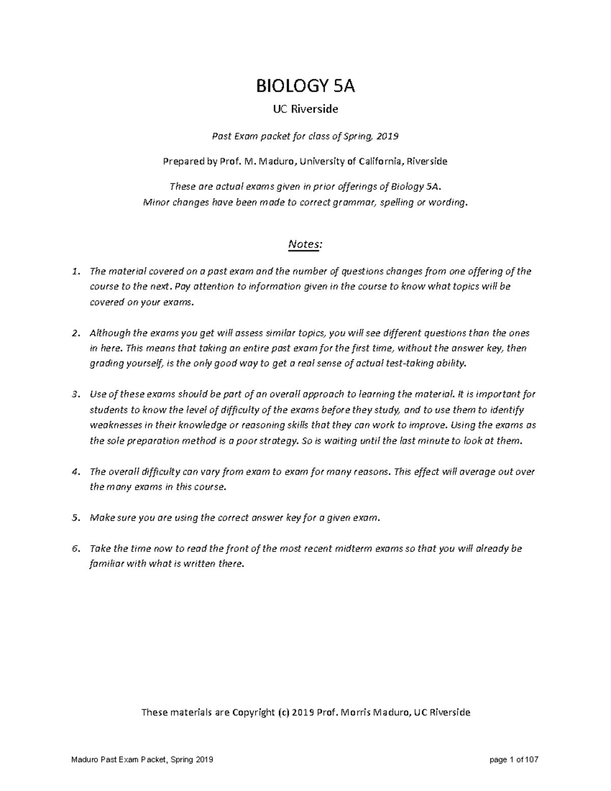 Bio5A 19S Maduro Past Exam Packet - BIOLOGY 5A UC Riverside Past Exam ...