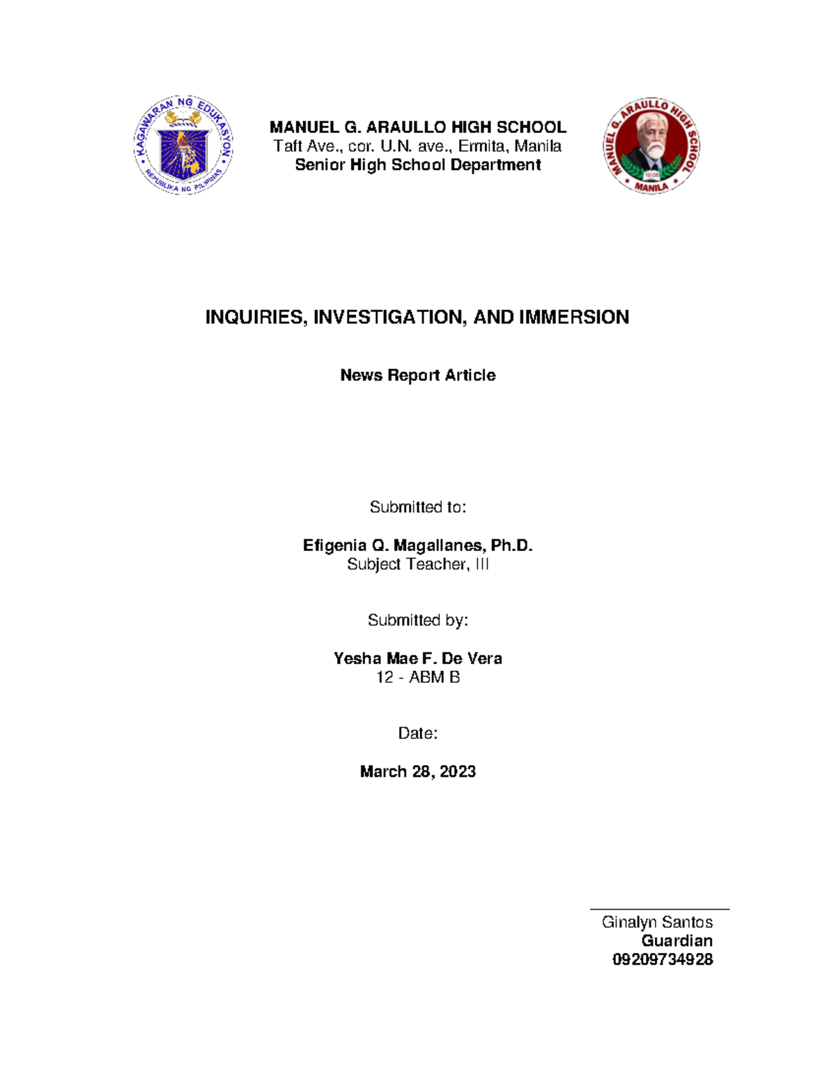 III NEWS Report Article - MANUEL G. ARAULLO HIGH SCHOOL Taft Ave., cor ...
