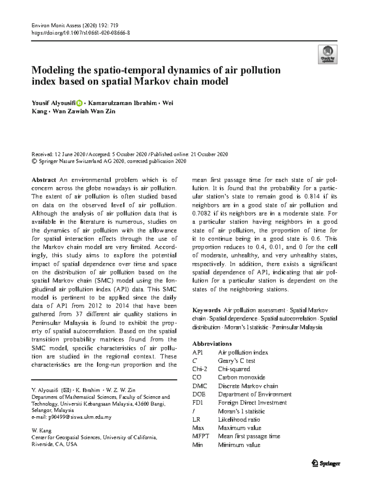 Modeling The Spatio Temporal Dynamics Of Air Pollution Index Based On
