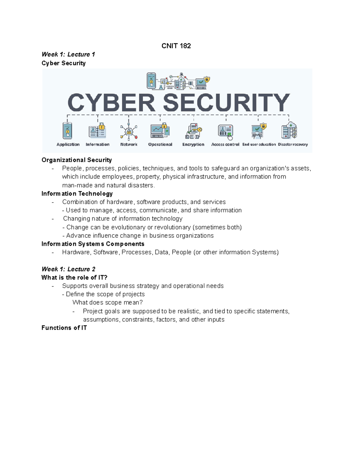 CNIT 18200 - Google Docs - CNIT 182 Week 1: Lecture 1 Cyber Security Organizational Security ...