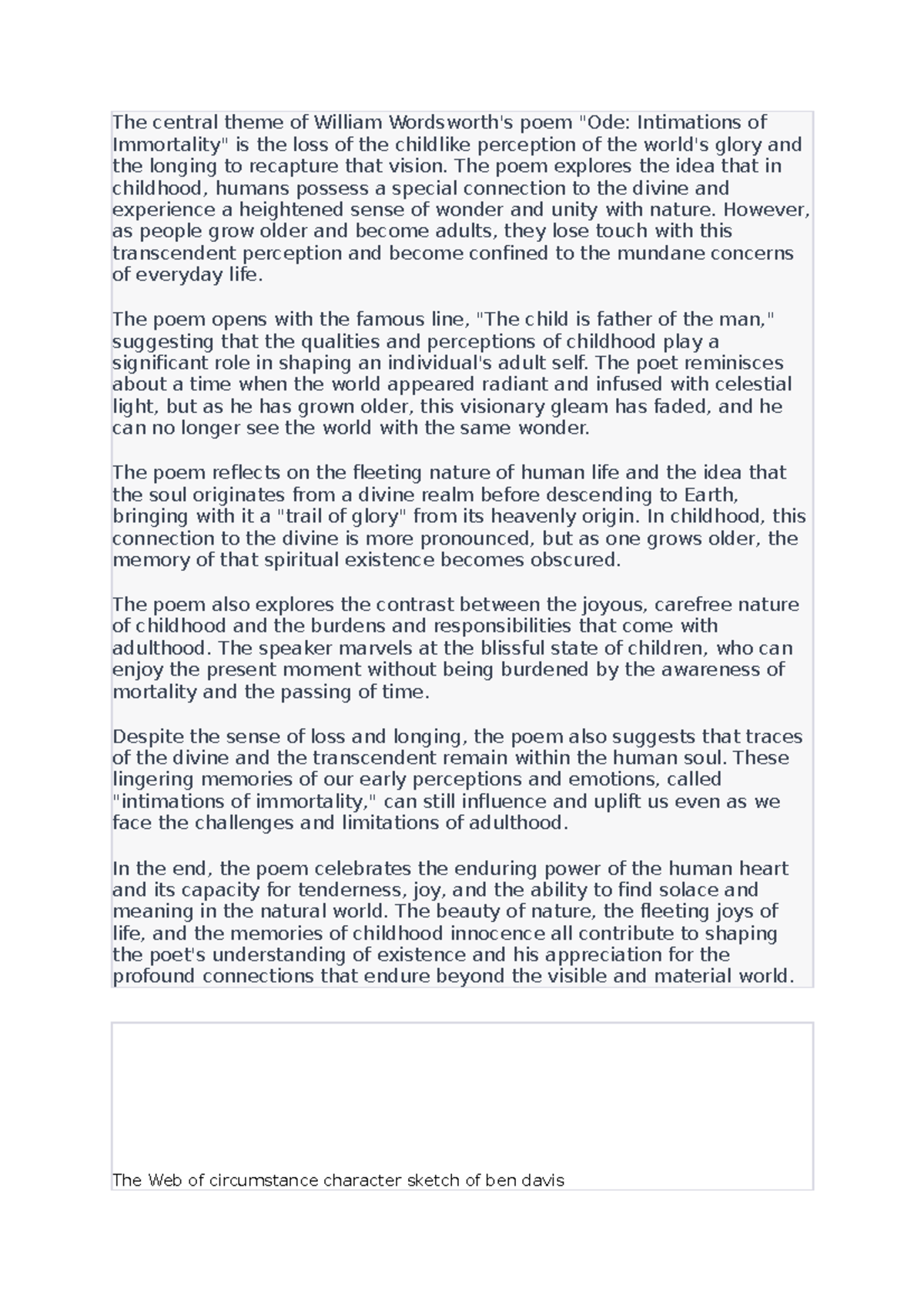 The central theme of William Wordsworth - The poem explores the idea ...