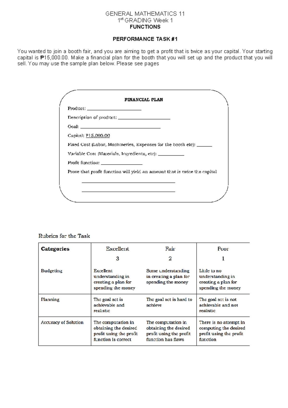 Genmath 11 WW PT Q1 - GENERAL MATHEMATICS 11 1 st GRADING Week 1 FUNCTIONS PERFORMANCE TASK You ...