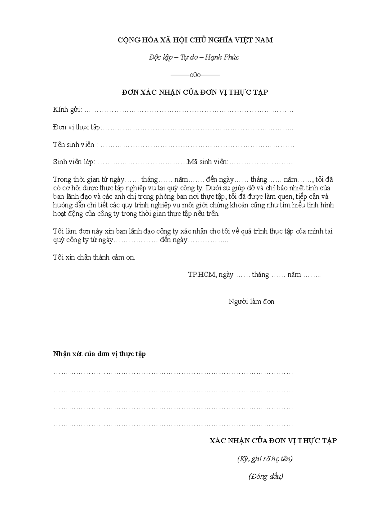 Giay xac nhan thuc tap - ABC - CỘNG HÒA XÃ HỘI CHỦ NGHĨA VIỆT NAM Độc ...