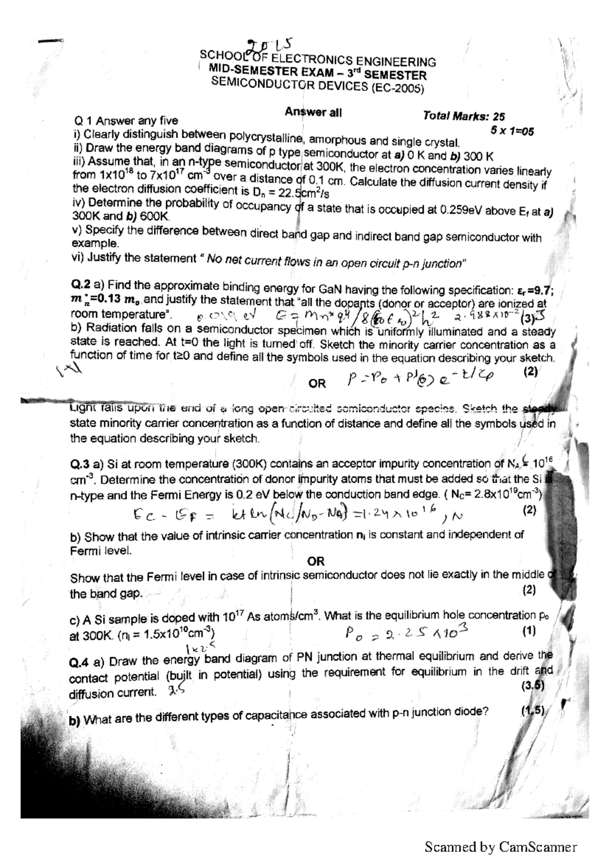 S.D.-Mid Sem Question Paper - Semiconductor devices - Studocu