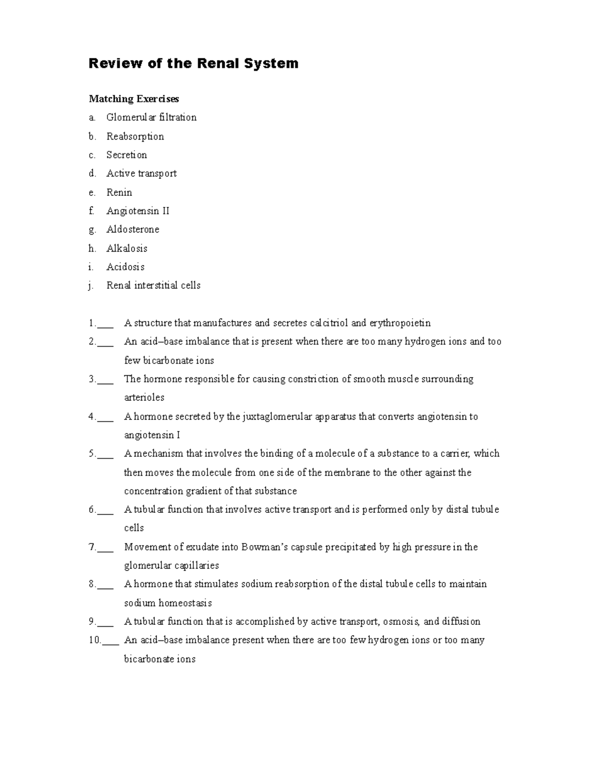 Review+of+the+Renal+System - Review of the Renal System Matching ...