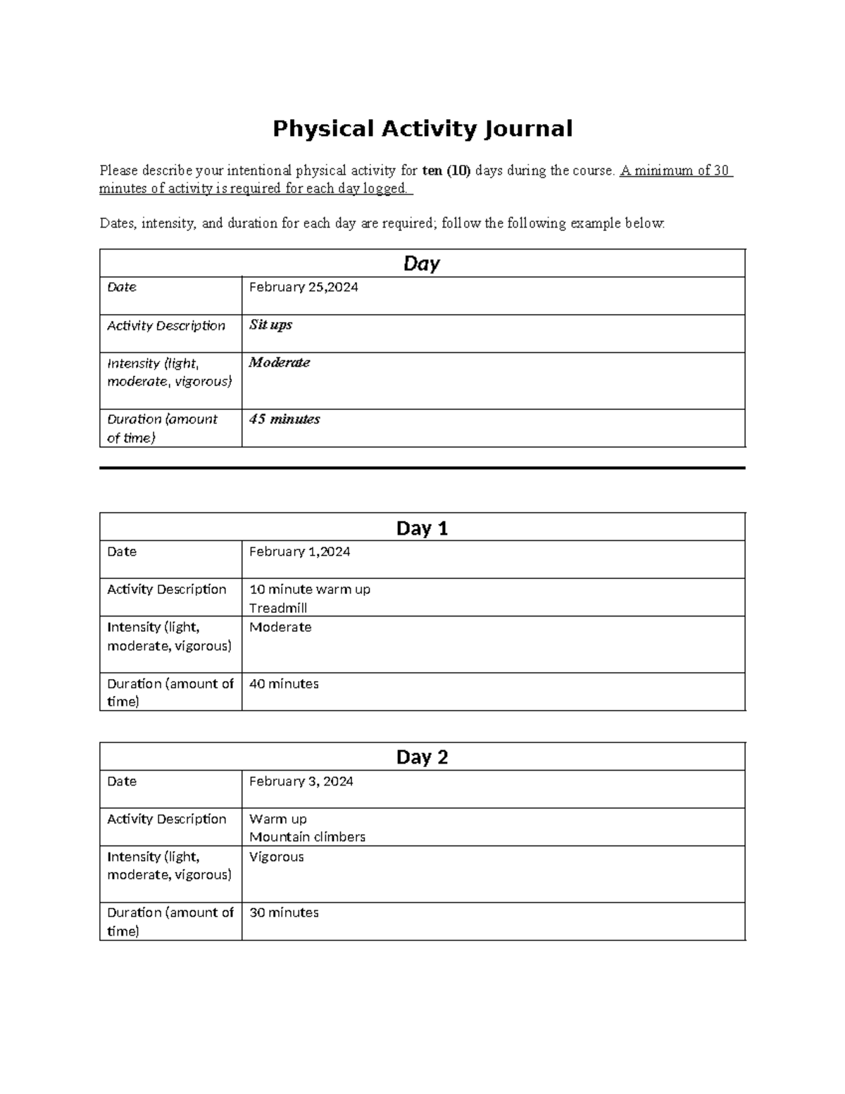 Activity Journal (1) copy - Physical Activity Journal Please describe ...