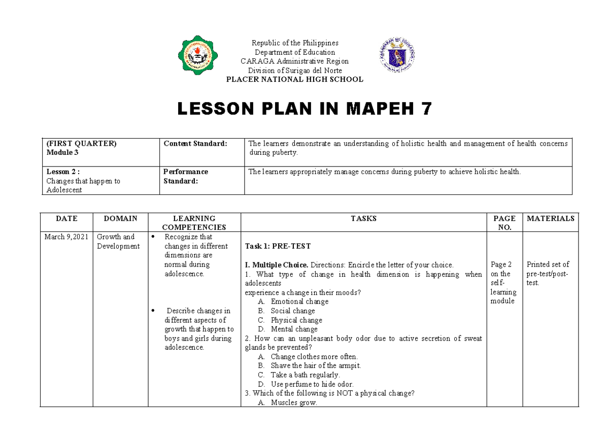 Mapeh Lesson PLAN-changes that happen to adulescent - Republic of the ...