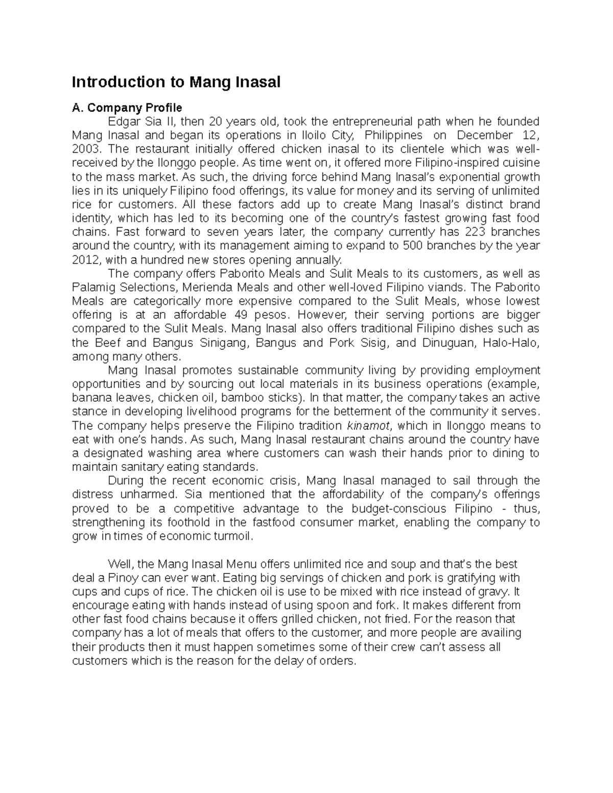 Manginasal Intro.docx - Introduction to Mang Inasal A. Company Profile ...
