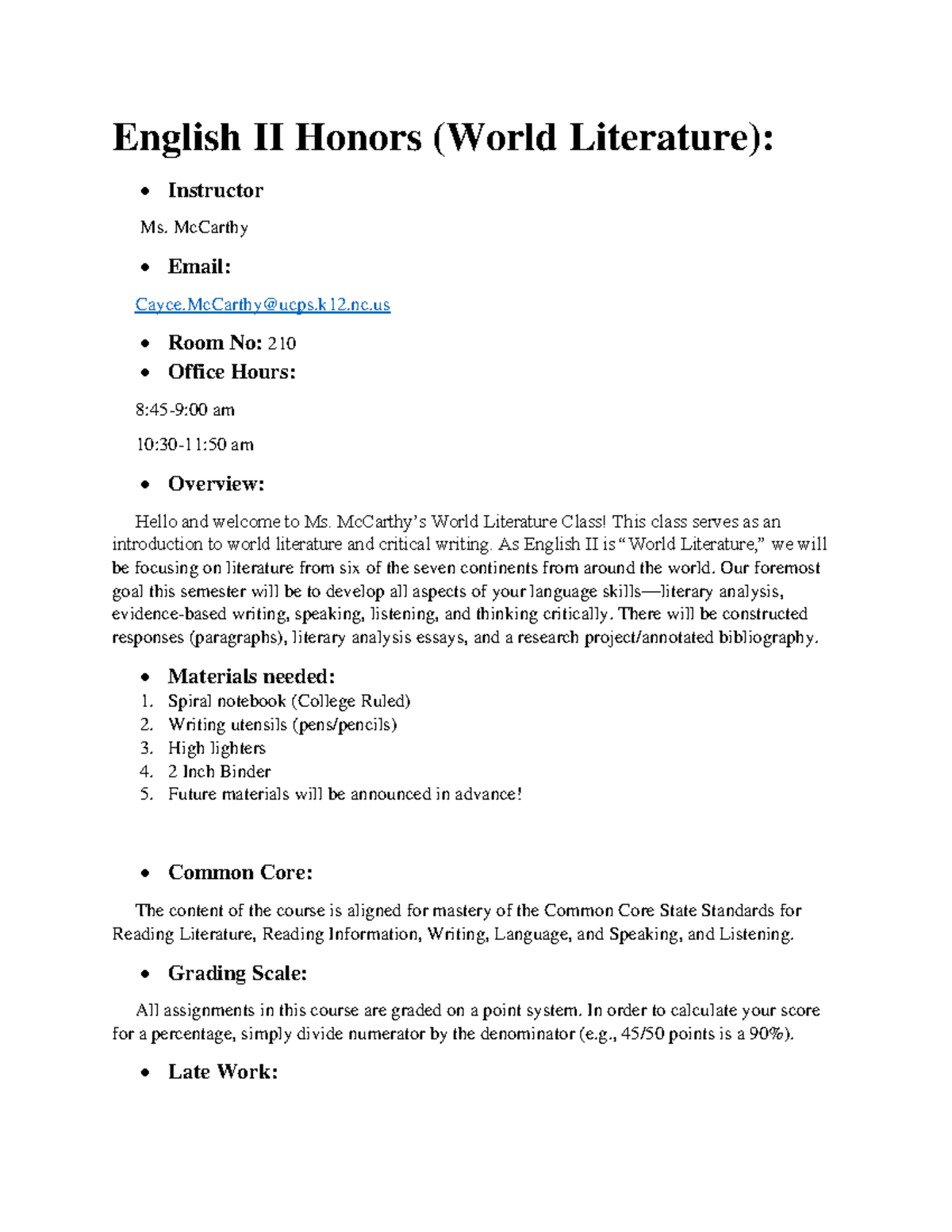 English II Honors Class Syllabus - English II Honors (World Literature ...