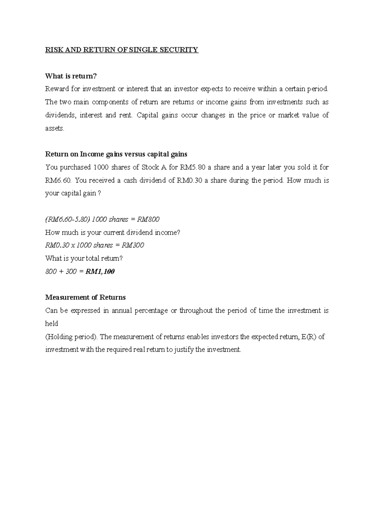 Assignment RISK AND Return OF Single Security Chapter 2 - RISK AND ...