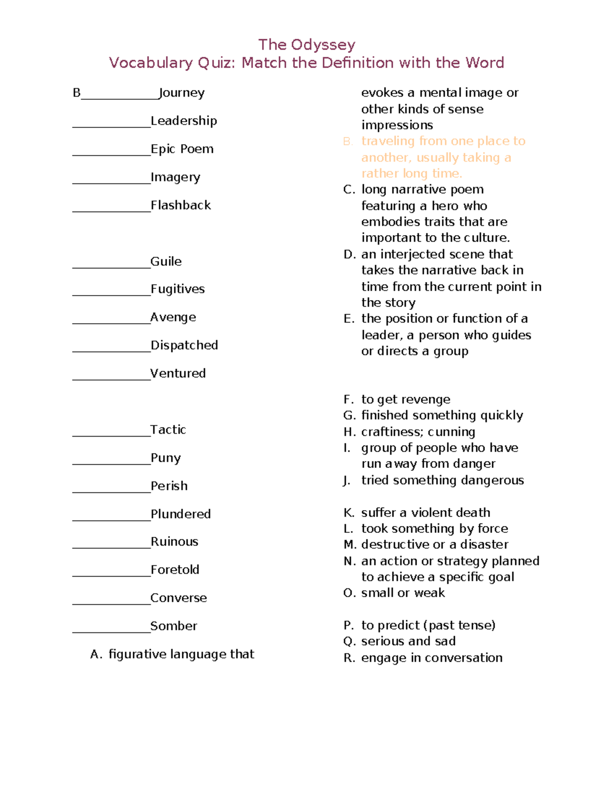 The Odyssey Vocabulary Quiz 4 - The Odyssey Vocabulary Quiz: Match the ...