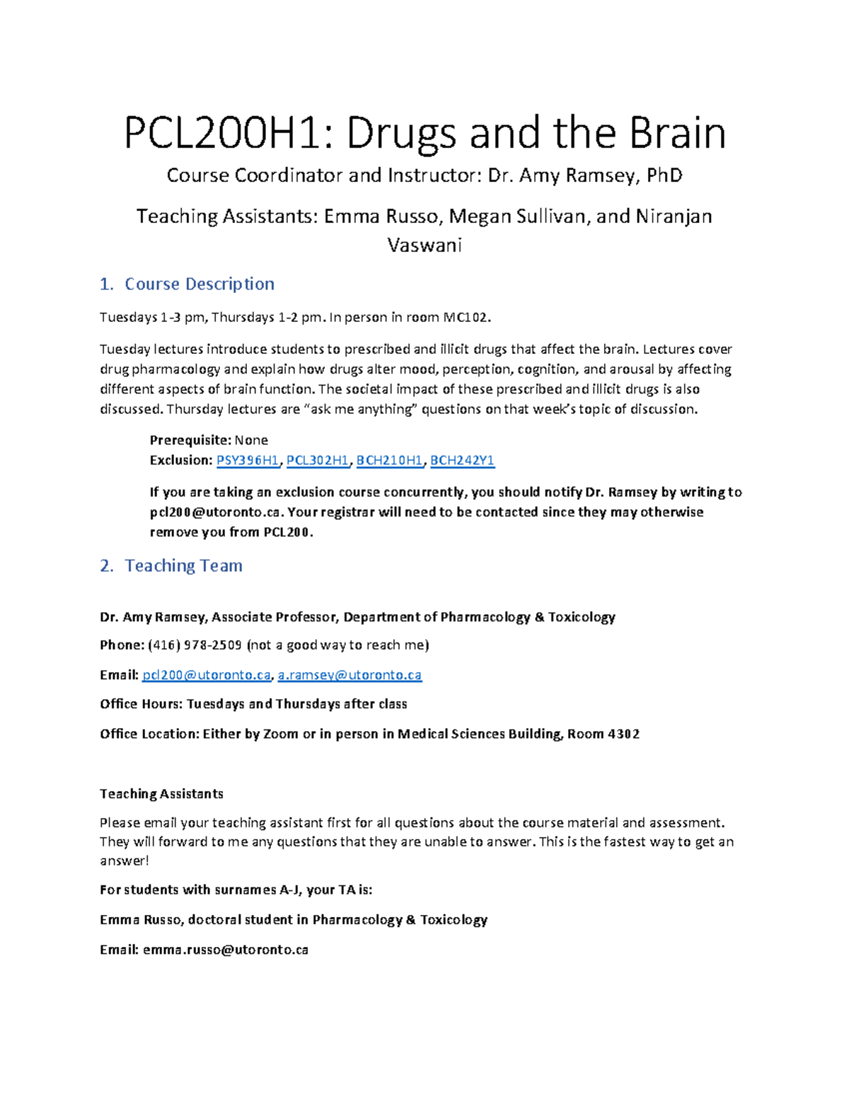 PCL200 H1 2022 Syllabus-2 - PCL200H1: Drugs and the Brain Course ...