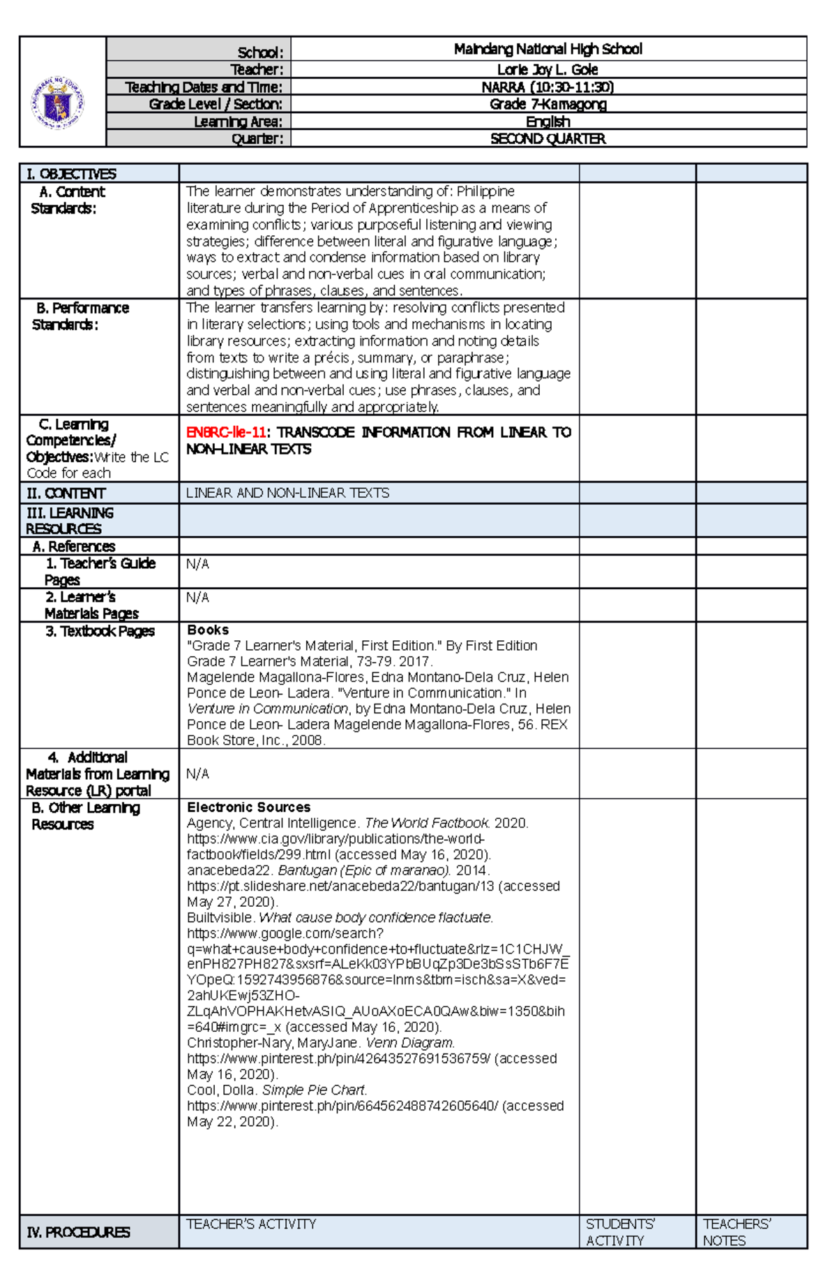 Lesson PLAN 2ND Quarter - School: Maindang National High School Teacher ...