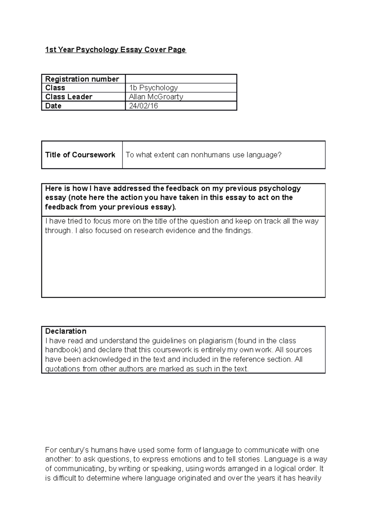 Language - 1St Year Psychology Essay 24/02/16 - 1st Year Psychology ...