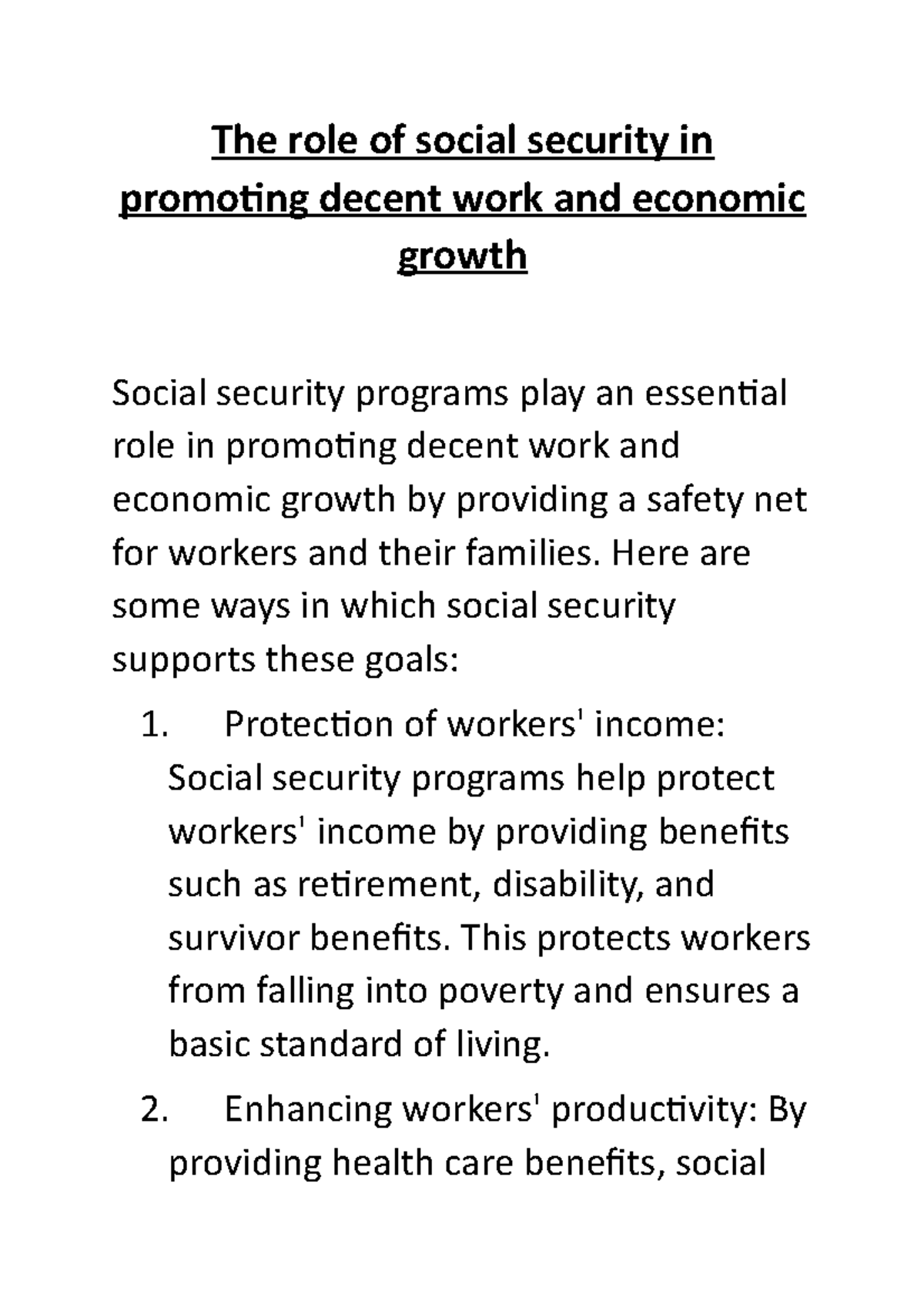 The role of social security in promoting decent work and economic ...