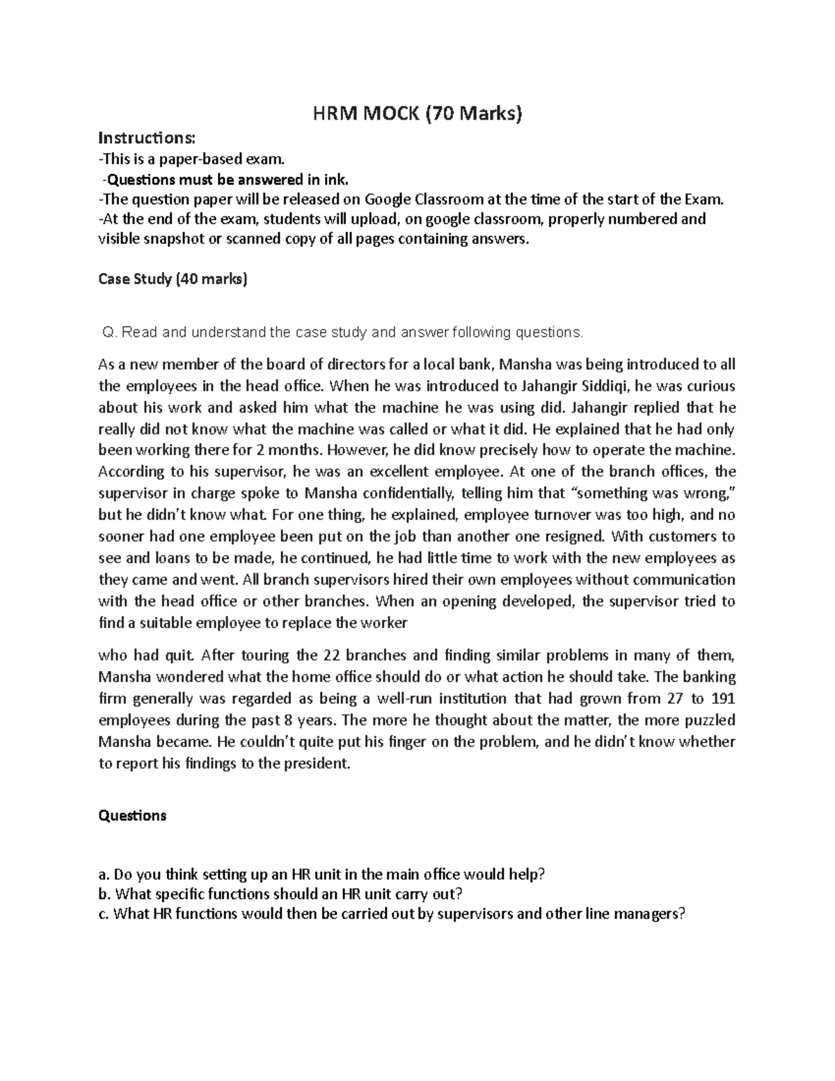 HRM - Mock - MANSOOR ALI - HRM MOCK (70 Marks) Instructions: -This is a ...