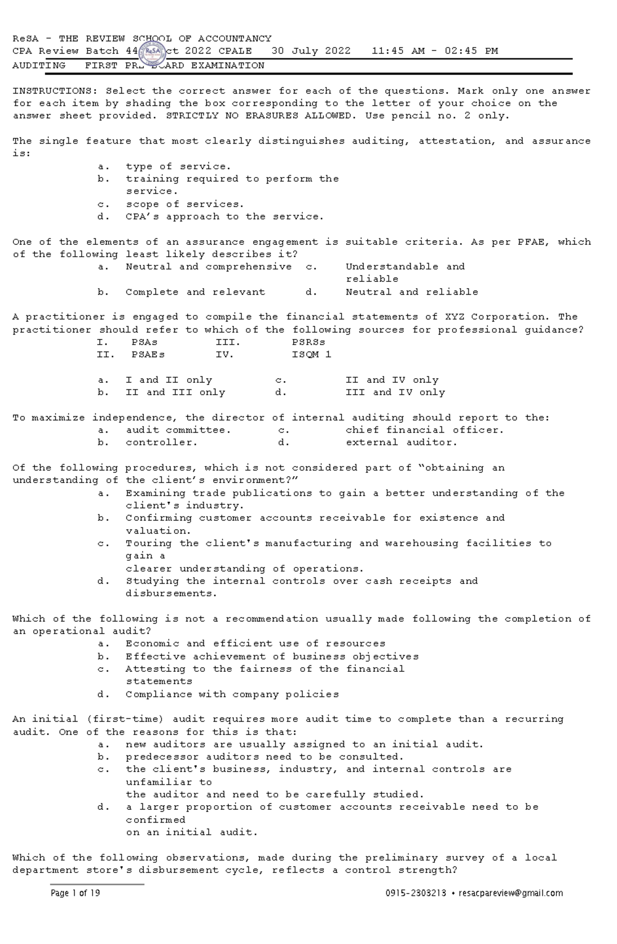 Scribd - test banks audit - ReSA - THE REVIEW SCHOOL OF ACCOUNTANCY CPA ...