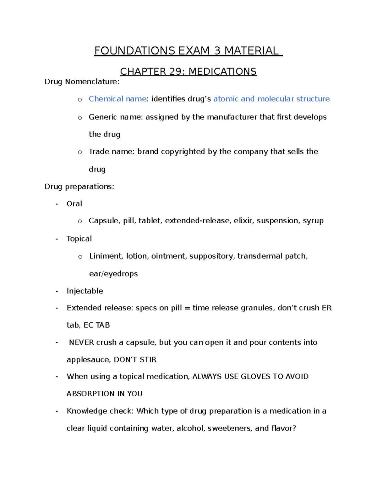 Chapter 29 Medication Foundations WEEK 5 - FOUNDATIONS EXAM 3 MATERIAL ...