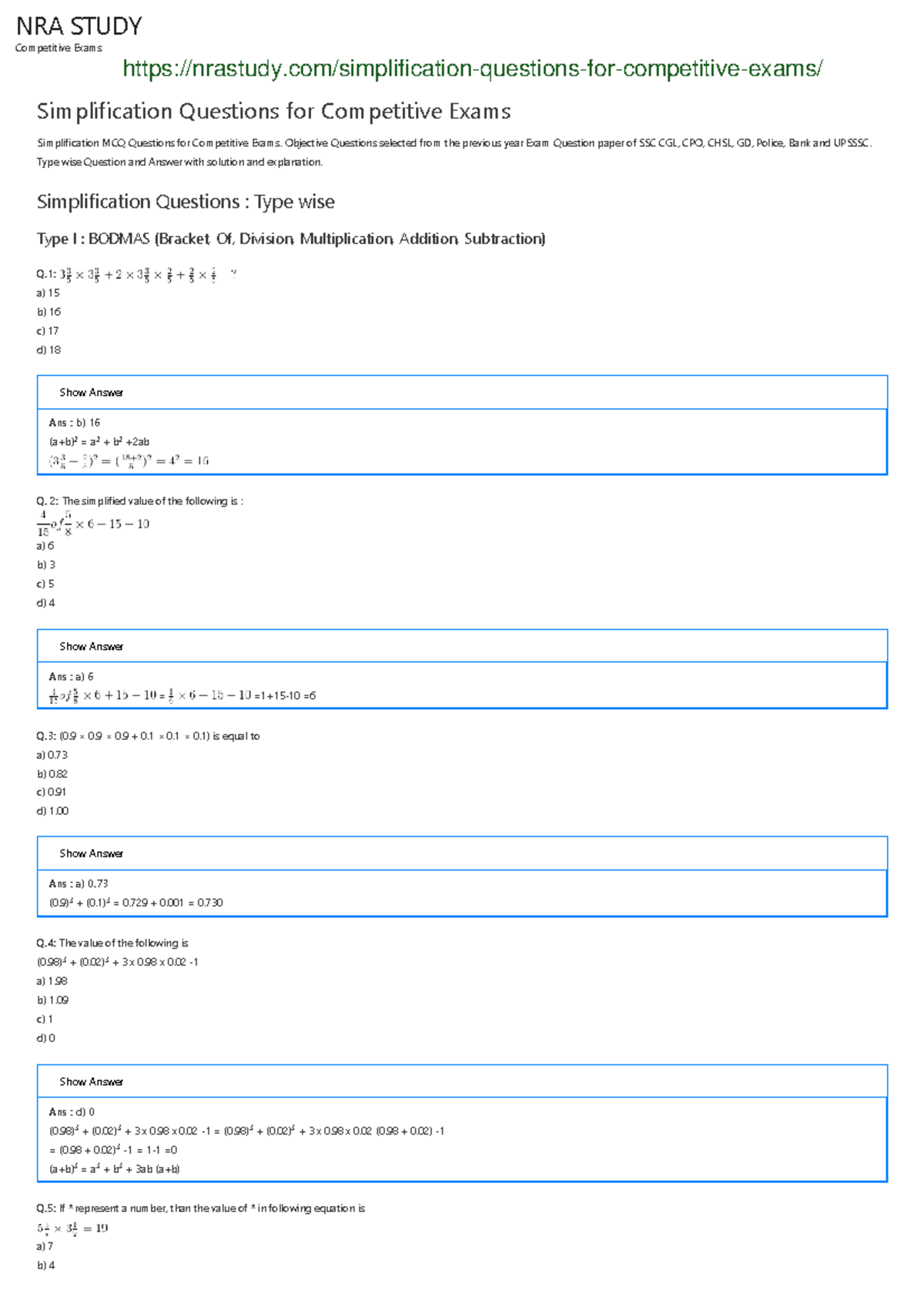 Simplification Questions for Competitive Exams (sscstudy ...