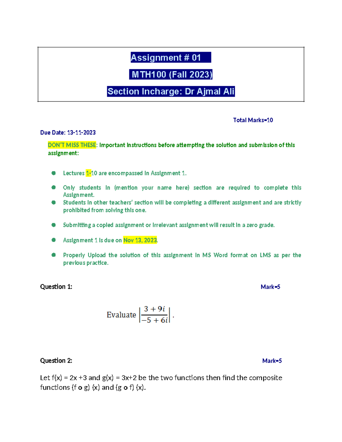 Assignment 1 MTH100 - this is - Assignment # 01 MTH100 (Fall 2023) Section Incharge: Dr Ajmal ...