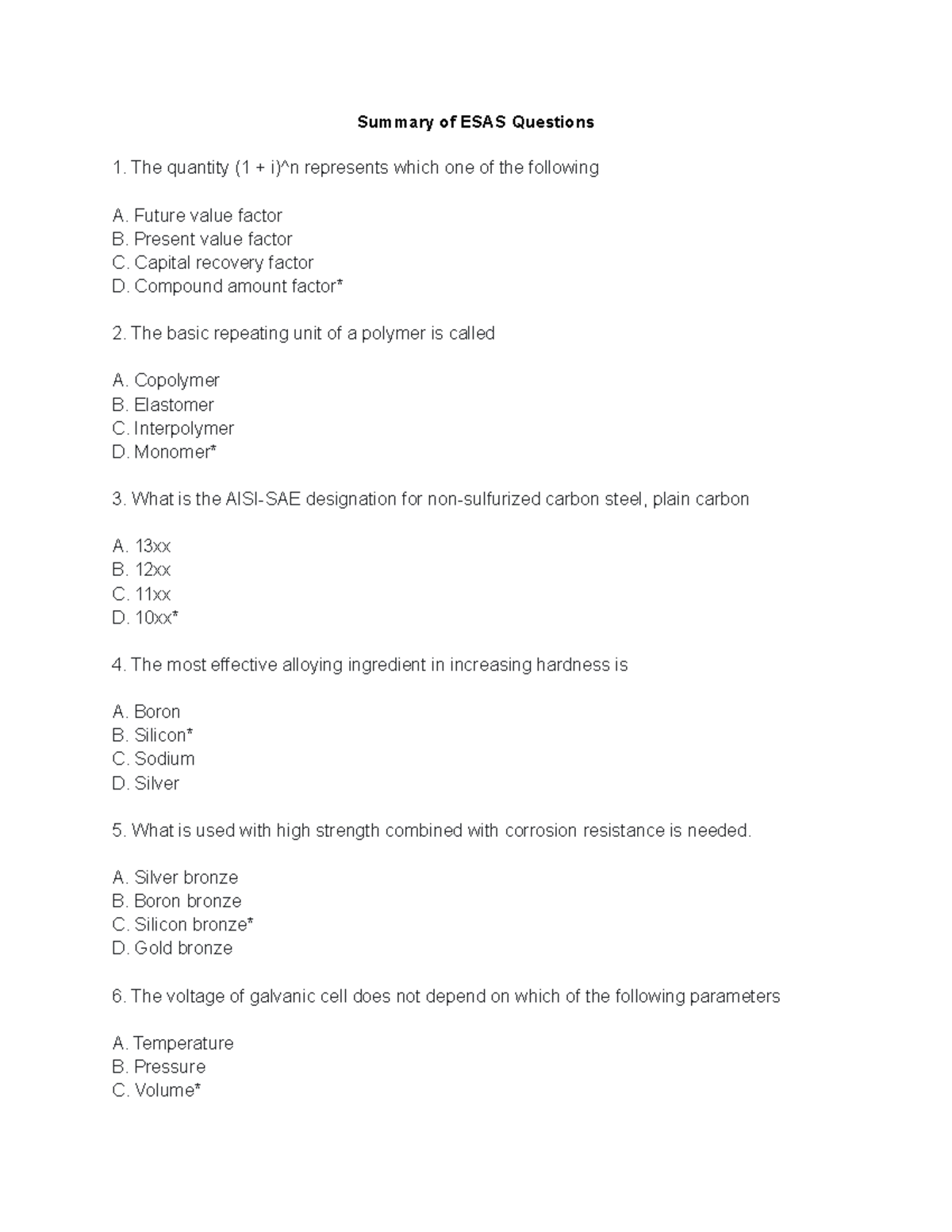 Summary of ESAS Questions - Future value factor B. Present value factor ...