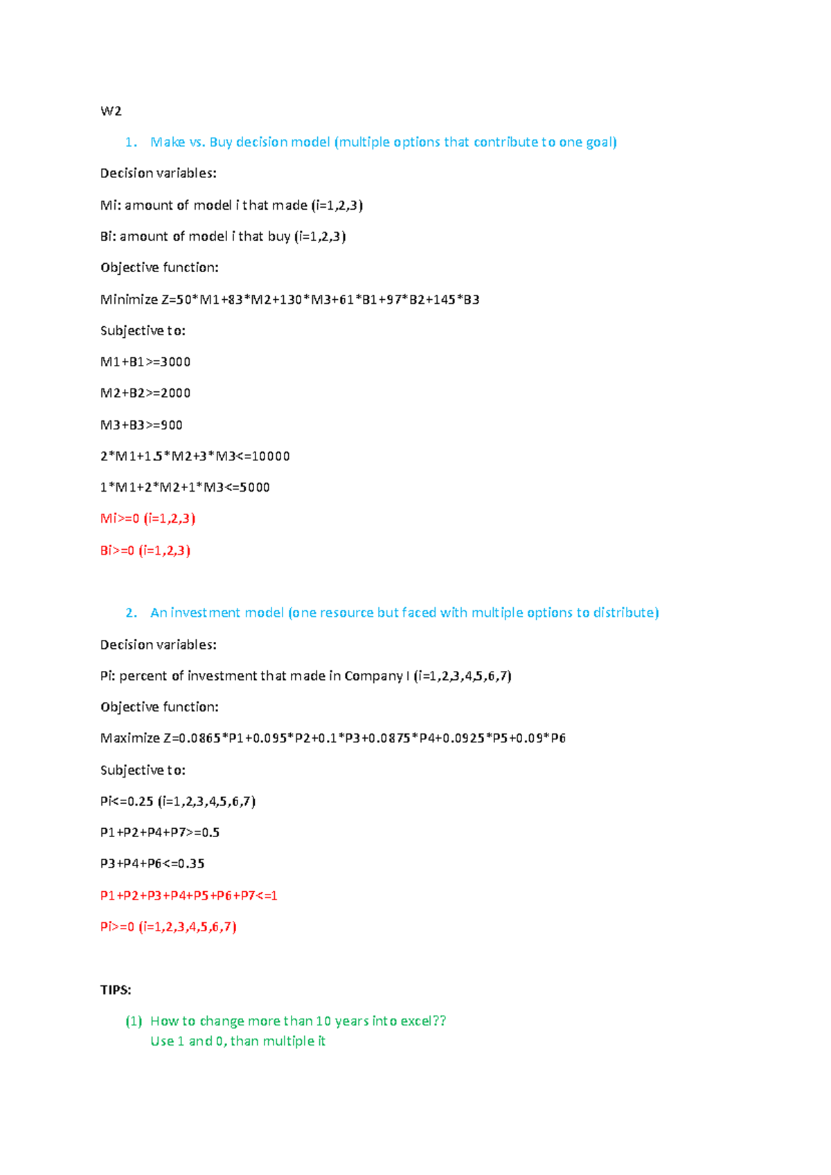QBUS2310 model conclusion - W Make vs. Buy decision model (multiple ...
