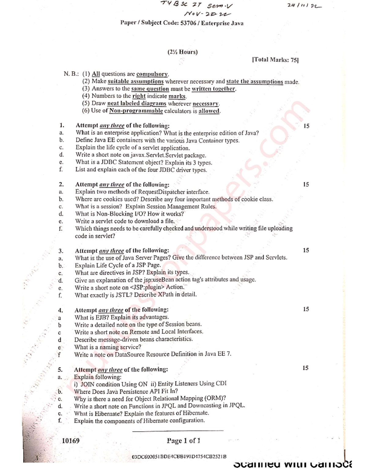Tybsc-IT SEM5 EJ NOV22 - Enterprise Java Question paper - B.Tech ...