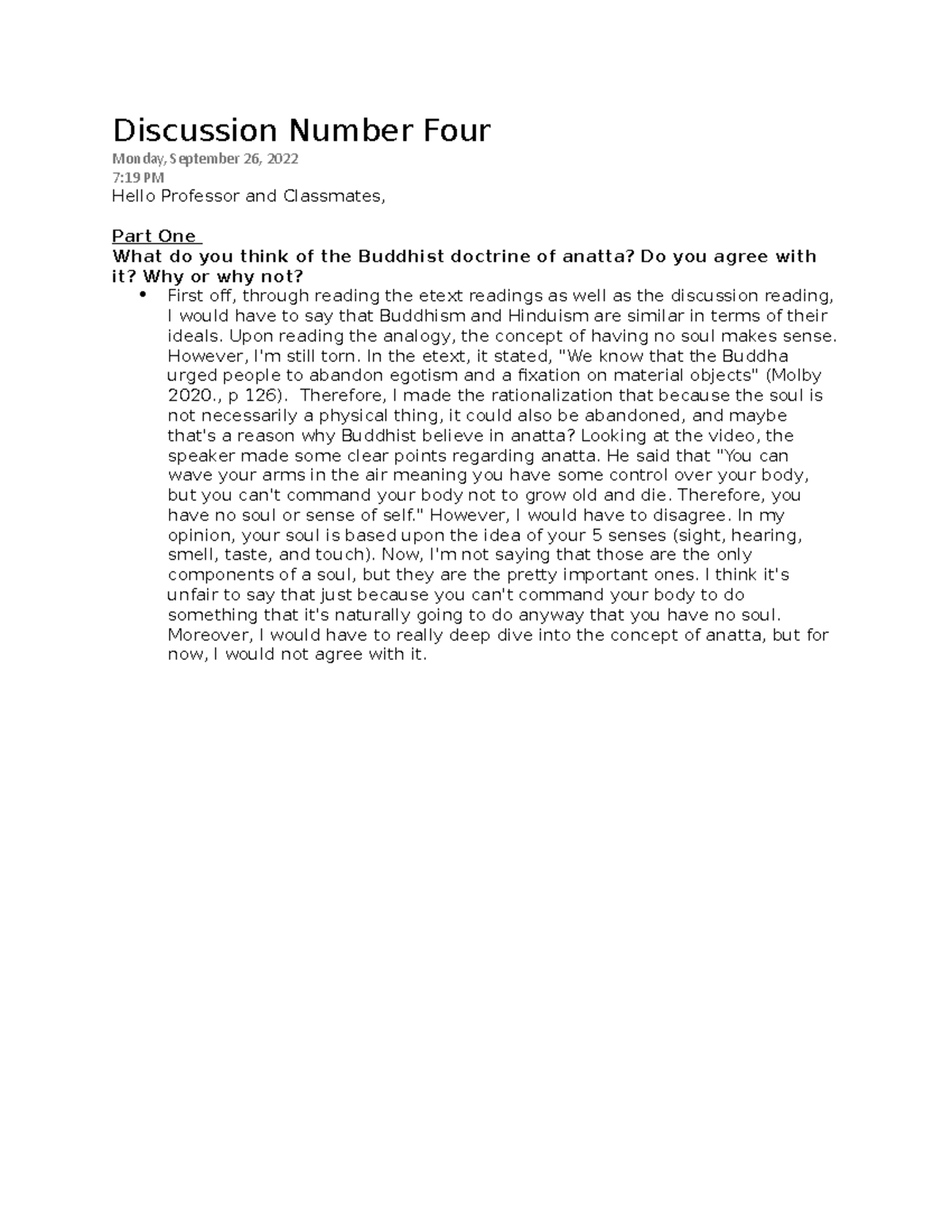 Discussion Number Four - Discussion Number Four Monday, September 26 ...